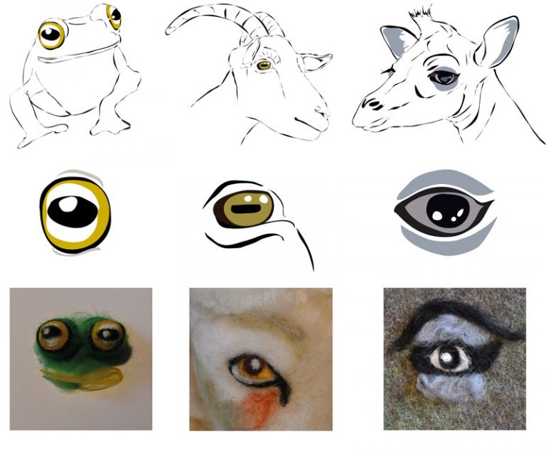 Tieraugen ansehen, skizzieren und filzen.